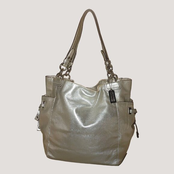 Coach | Bags | Coach Peyton Tote Bright Silver Metallic Leather Bag ...
